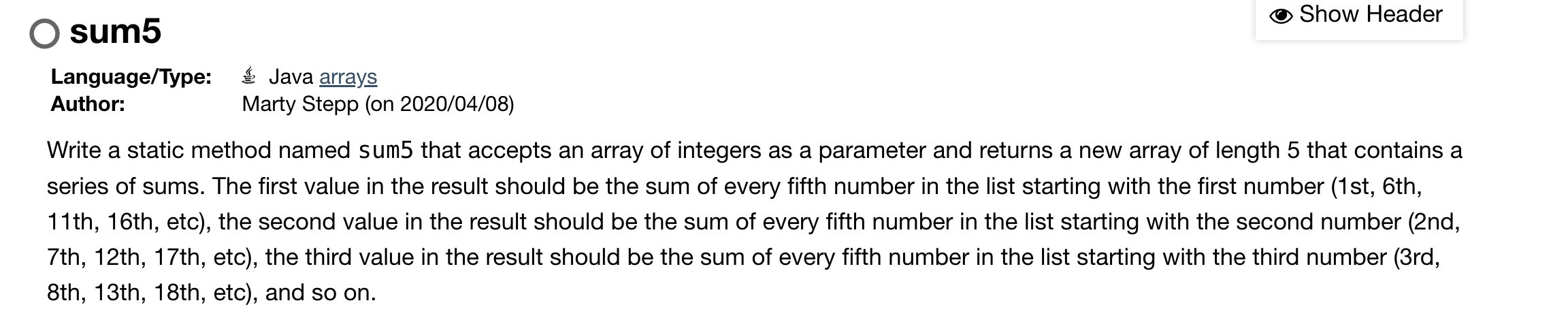 Solved Language/Type: Author: Java arrays Marty Stepp (on | Chegg.com
