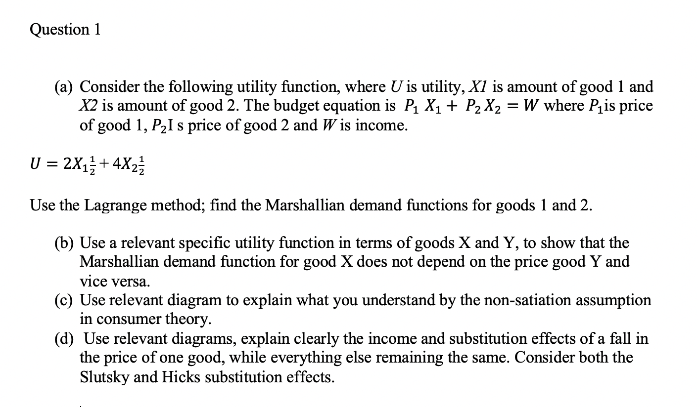 Solved Question 1 (a) Consider the following utility | Chegg.com