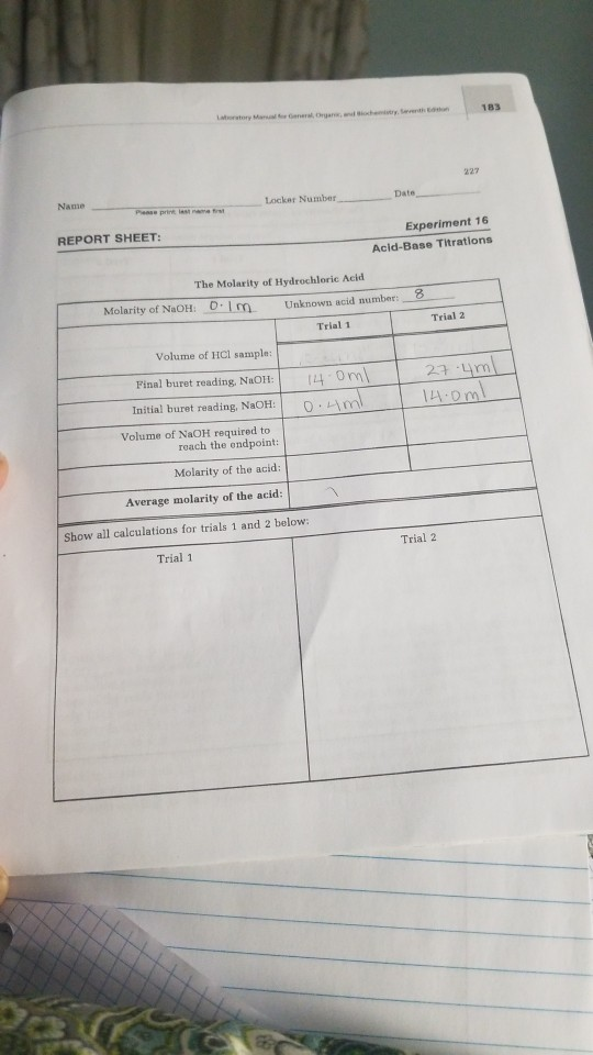 183 227 Name Locker Number Date REPORT SHEET | Chegg.com