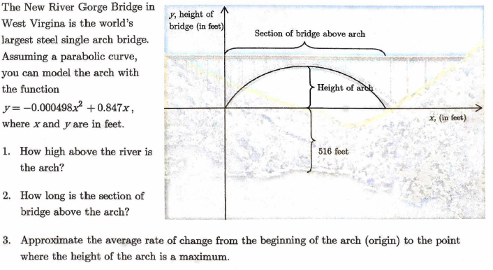 Solved y, height of bridge (in feet) Section of bridge above | Chegg.com