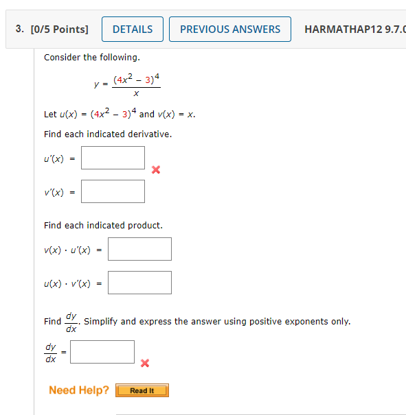 Solved Consider the following. y=x(4x2−3)4 Let u(x)=(4x2−3)4 | Chegg.com
