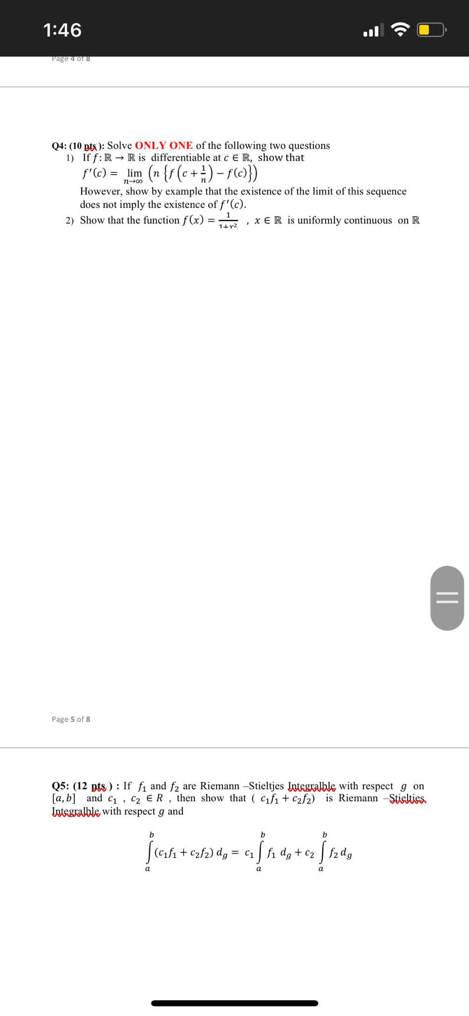 Solved 1:46 Page 4 018 Q4: (10 pts): Solve ONLY ONE of the | Chegg.com