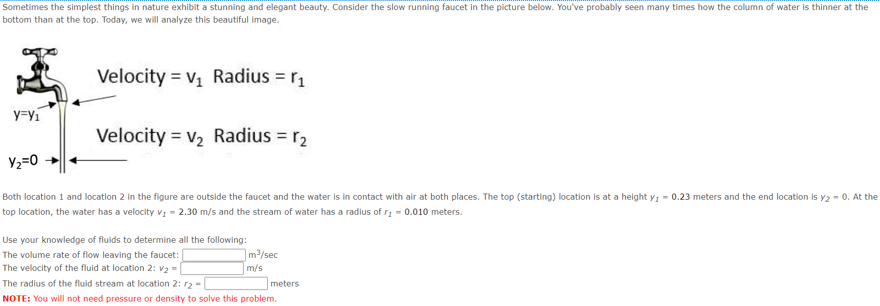 Solved top location, the water has a velocity v1=2.30 m/s | Chegg.com