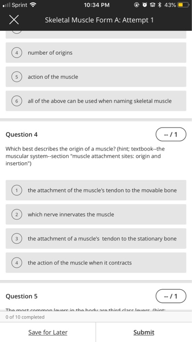 Solved .11 Sprint令 10:34 PM Skeletal Muscle Form A: Attempt | Chegg.com