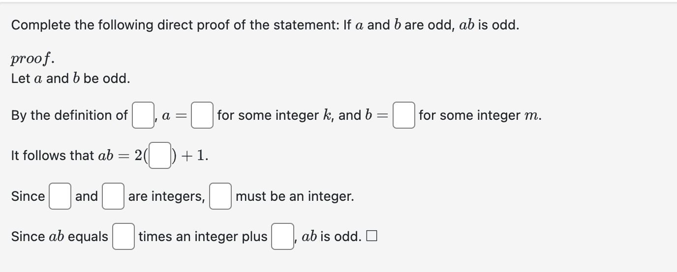 Solved Complete the following direct proof of the statement: | Chegg.com