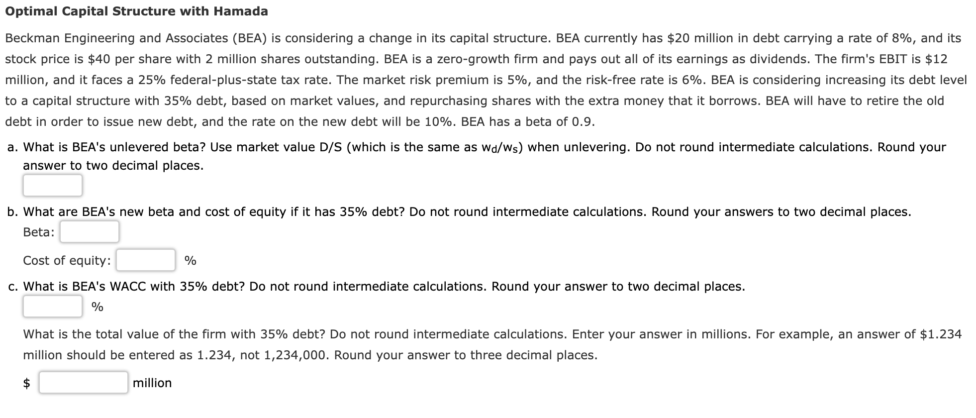 Solved Optimal Capital Structure with Hamada Beckman | Chegg.com