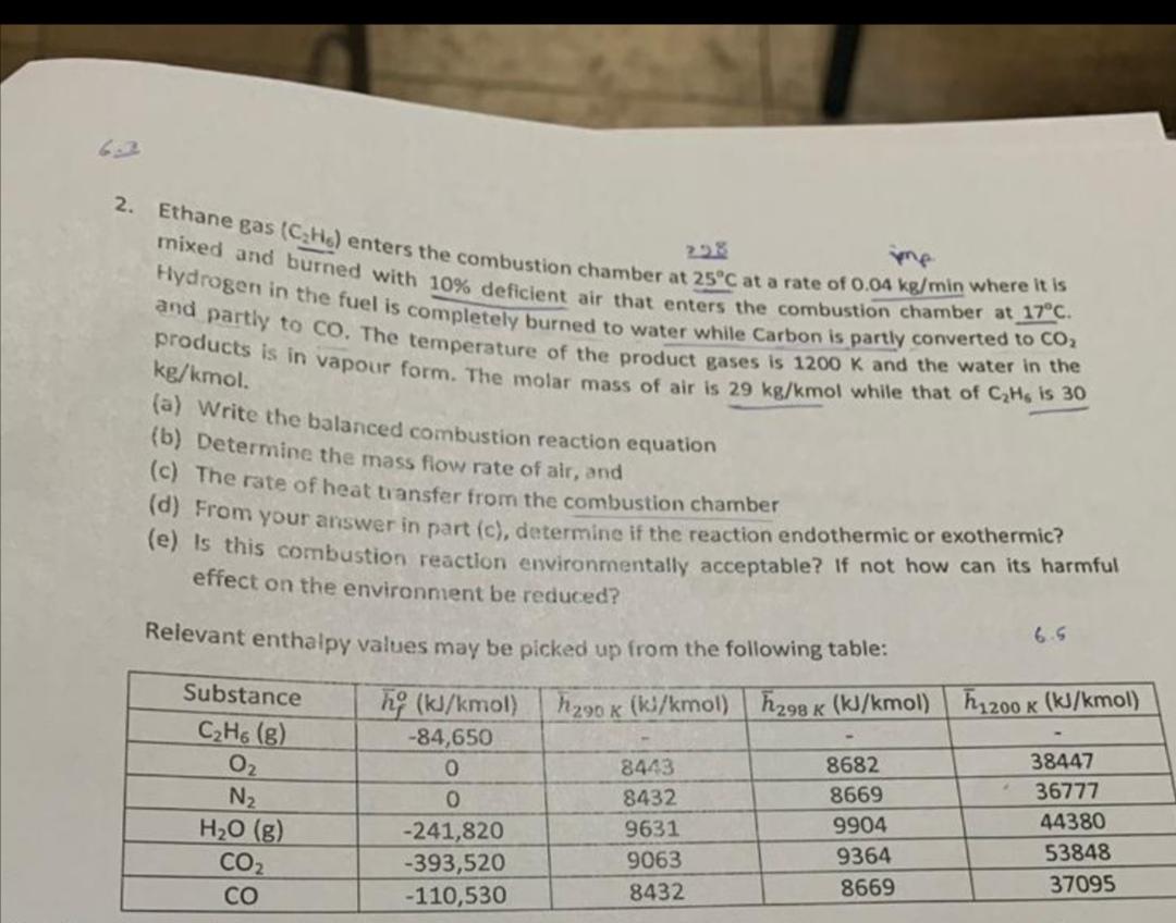 Solved 2. Ethane gas (Cho) enters the combustion chamber at | Chegg.com