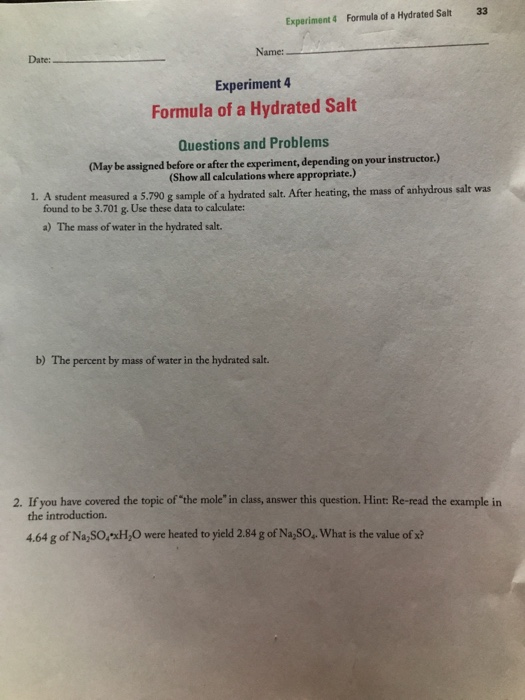 Solved 33 Experiment 4 Formula of a Hydrated Salt Date Name: | Chegg.com