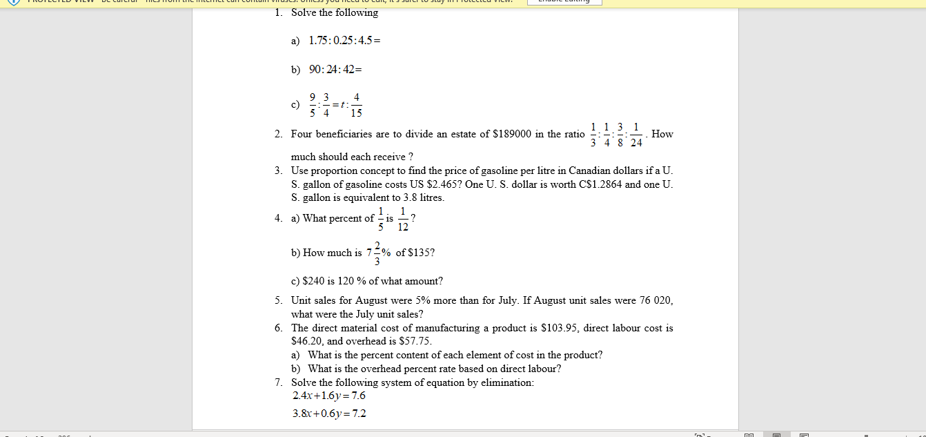 Solved 1. Solve the following a) 1.75: 0.25:4.5= b) | Chegg.com