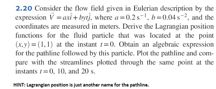 Solved 2.20 ﻿Consider the flow field given in Eulerian | Chegg.com