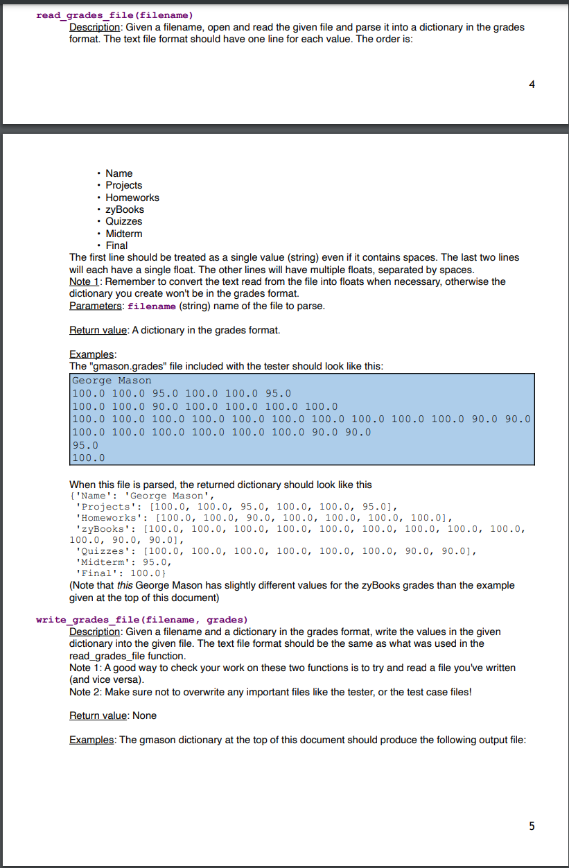 Solved read_grades_file(filename) Description: Given a | Chegg.com