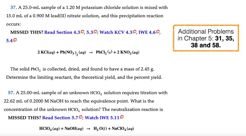 Solved 37. A 25.0-mL sample of a 1.20M potassium chloride | Chegg.com