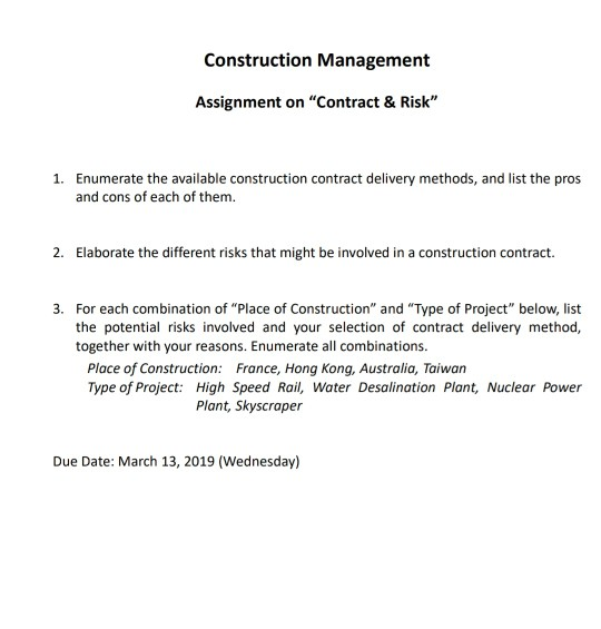 Solved Construction Management Assignment on "Contract & | Chegg.com