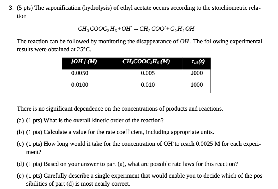 Solved 3. (5 pts) The saponification (hydrolysis) of ethyl | Chegg.com