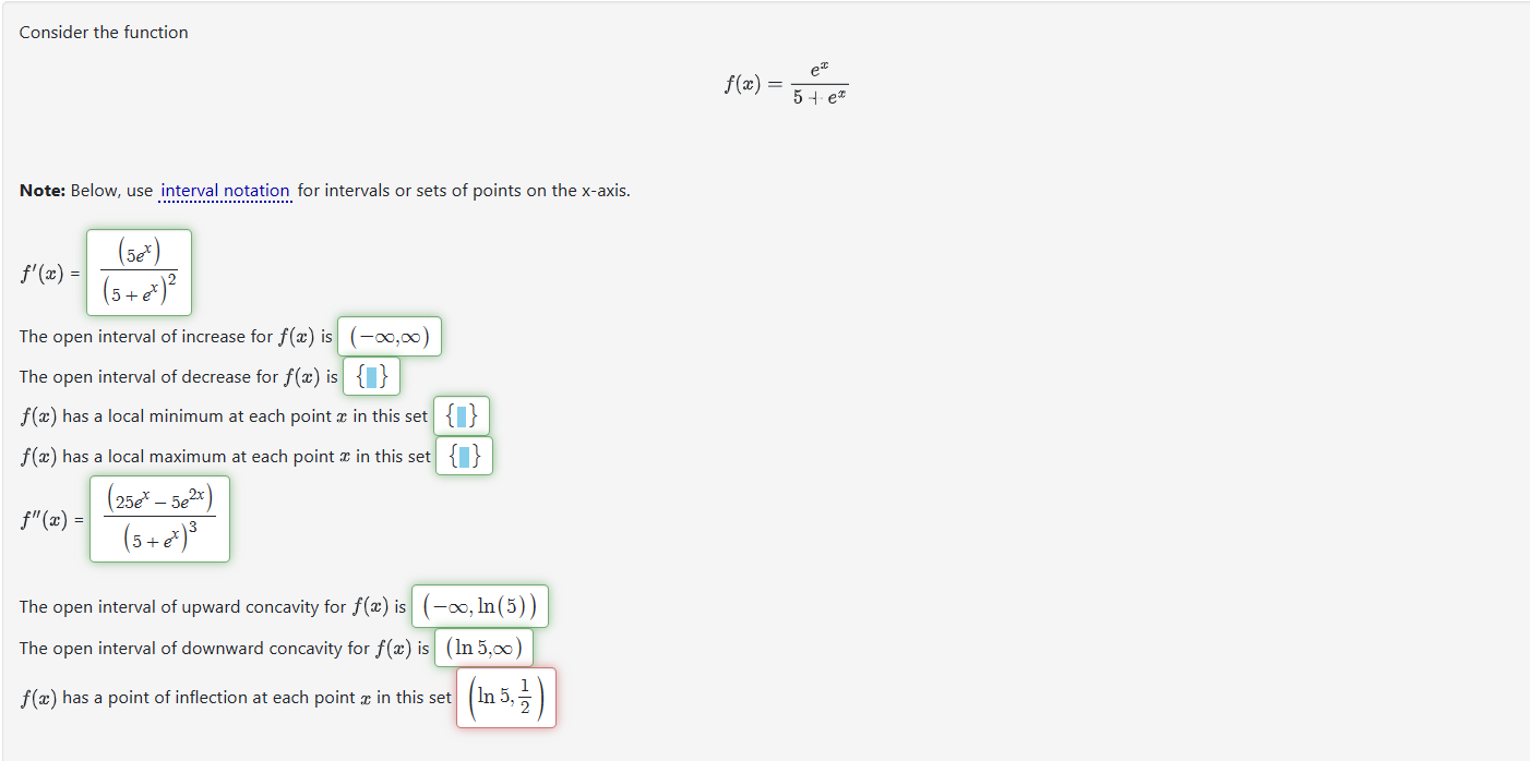 Solved Consider the functionf(x)=ex5⊣exNote: Below, use | Chegg.com