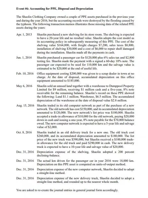 Solved Event #6: Accounting for PPE, Disposal and | Chegg.com