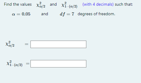 Solved Find the values χα/22 and χ1−(α/2)2 (with 4 decimals) | Chegg.com