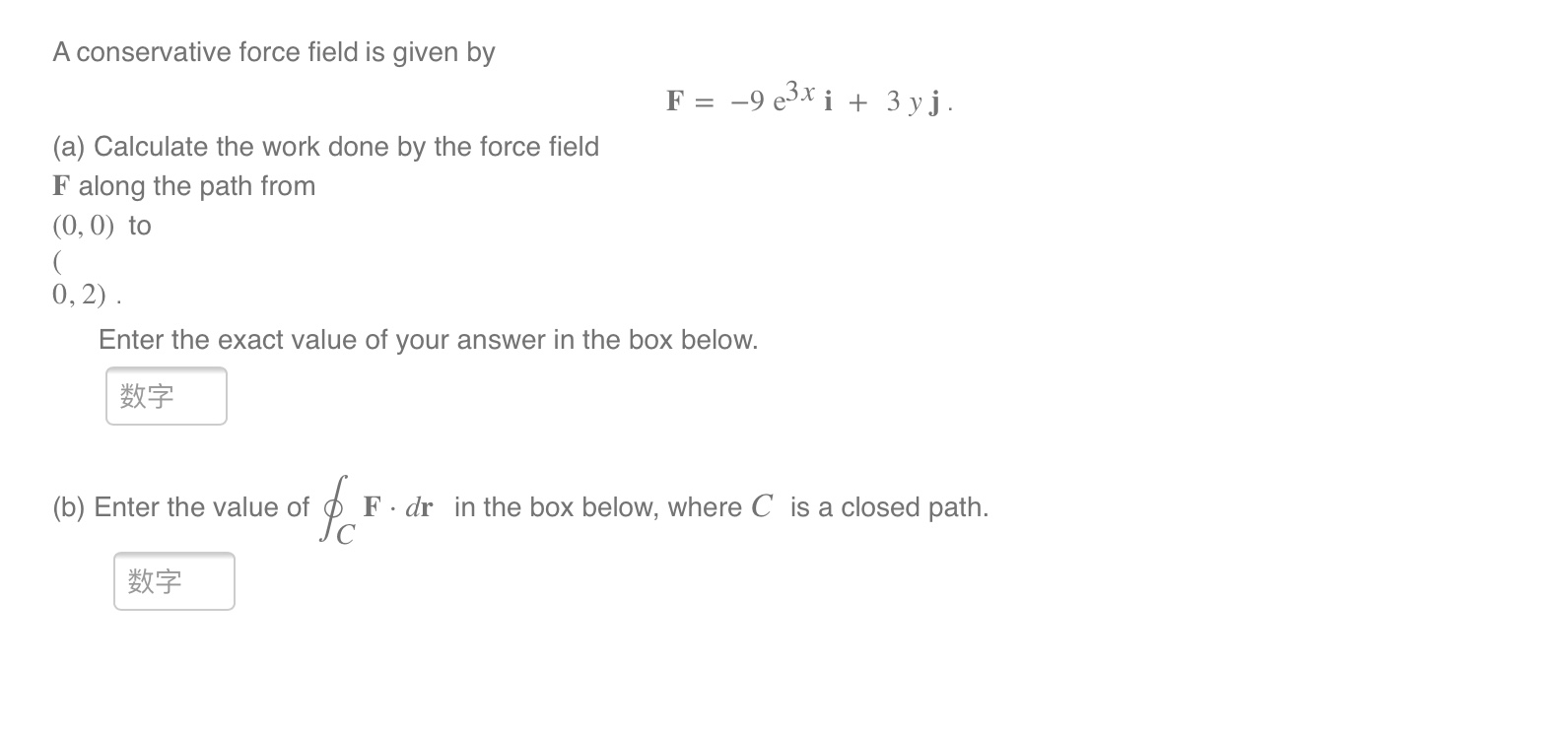 Solved A conservative force field is given by F = -9 e3x i + | Chegg.com