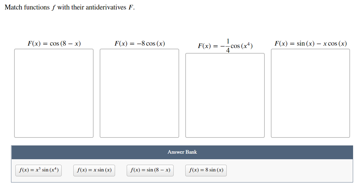 Solved Match functions f with their antiderivatives F. | Chegg.com