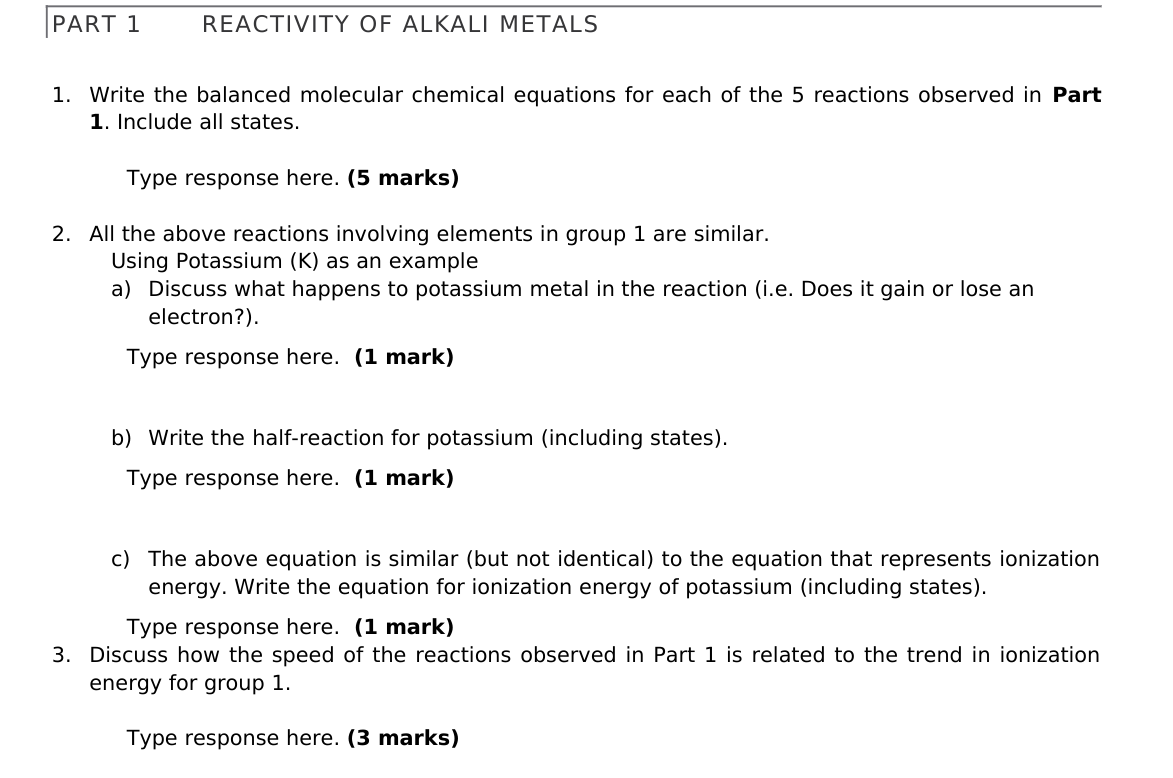 Solved PART 1 REACTIVITY OF ALKALI METALS 1. Write the | Chegg.com