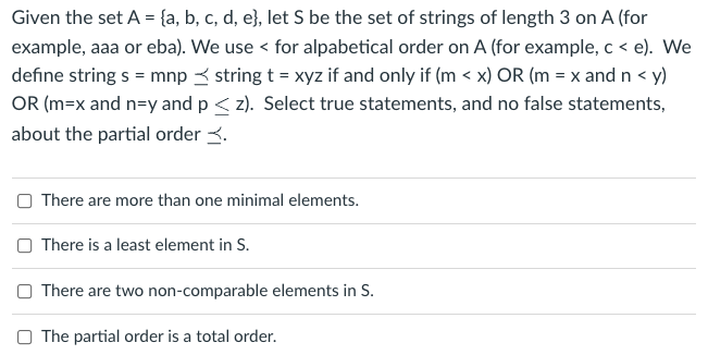 Solved Given the set A={a,b,c,d,e}, let S be the set of | Chegg.com