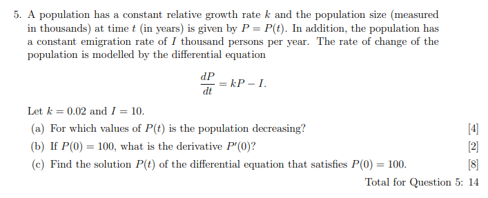 Solved = 5. A population has a constant relative growth rate | Chegg.com