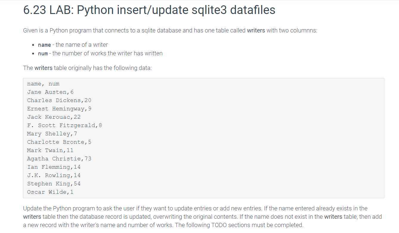Solved 6.23 LAB: Python insert/update sqlite3 datafiles | Chegg.com
