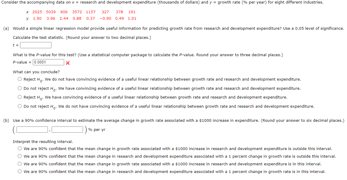 Solved Consider the accompanying data on x = research and | Chegg.com