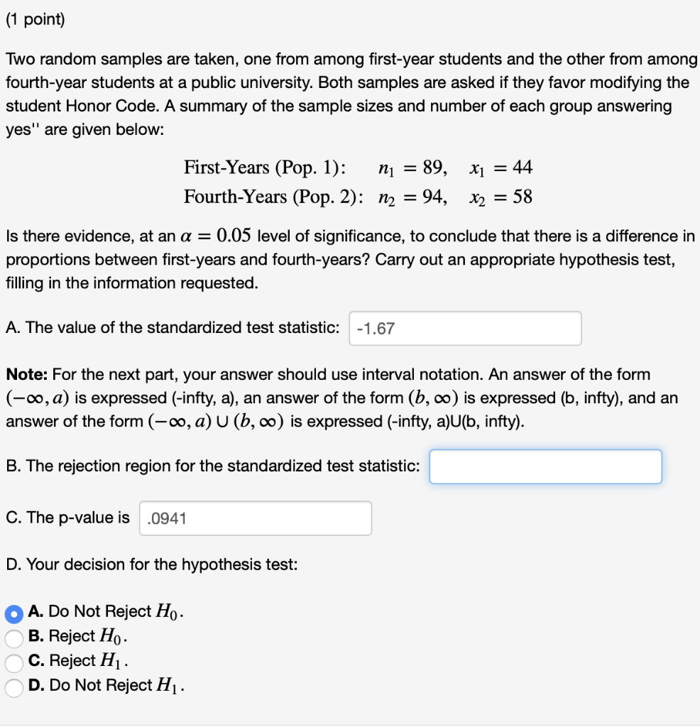 Solved (1 point) Two random samples are taken, one from | Chegg.com