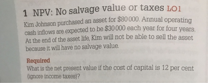 Solved 1 NPV: No salvage value or taxes LOI Kim Johnson | Chegg.com
