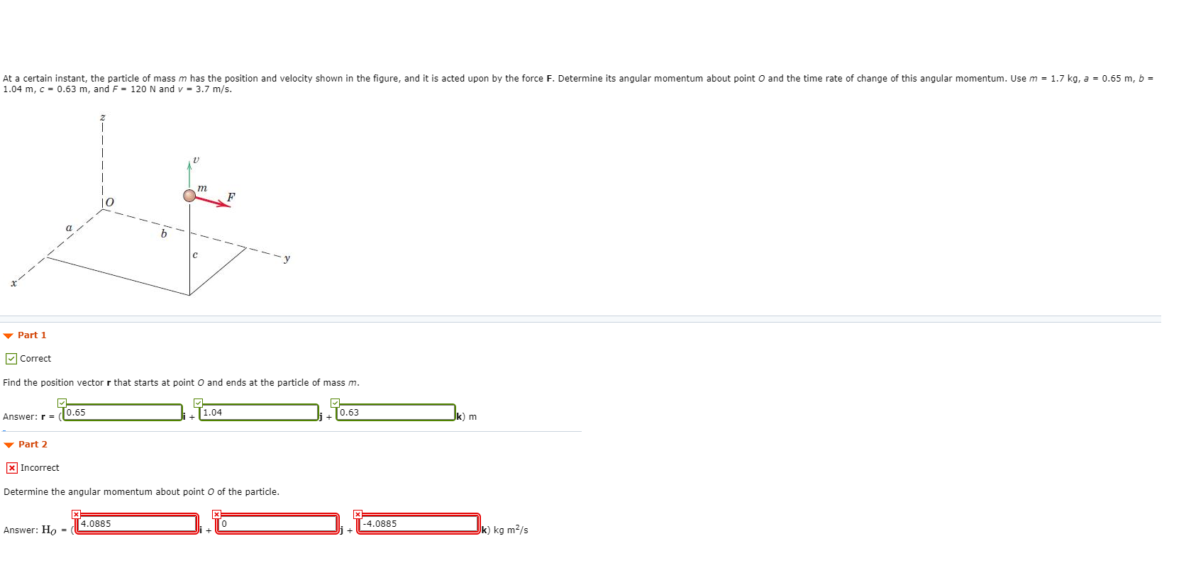 Solved At a certain instant, the particle of mass m has the | Chegg.com