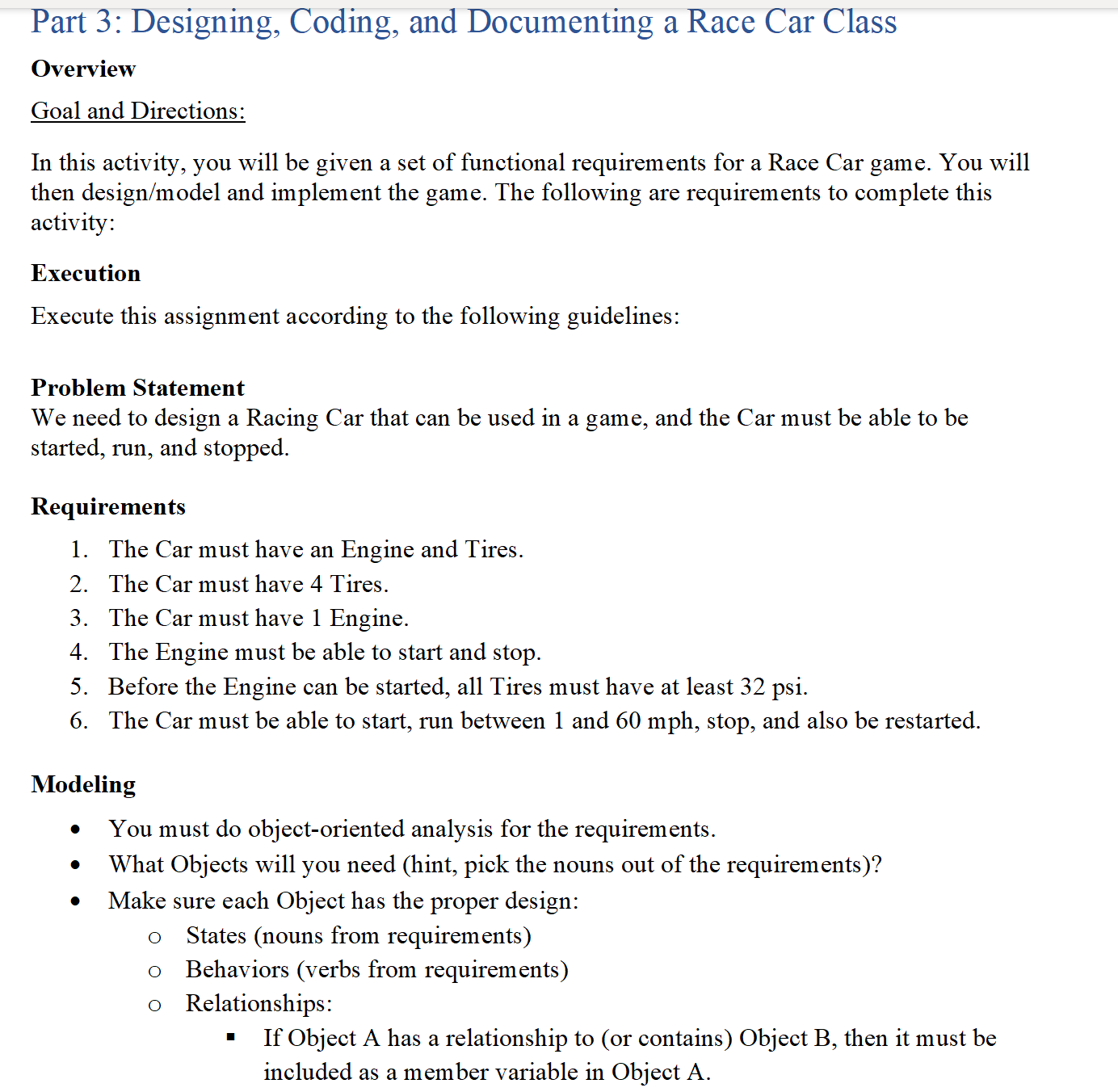 Solved Problem Statement We need to design a Racing Car that | Chegg.com