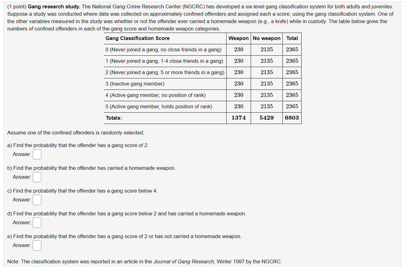 Solved (1 point) Gang research study. The National Gang | Chegg.com