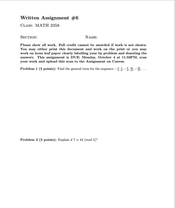 Solved Written Assignment #6 CLASS: MATH 2358 SECTION: NAME: | Chegg.com