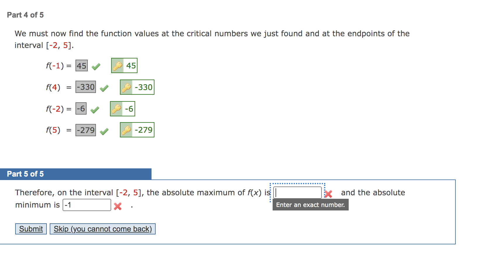 Solved Part 4 of 5 We must now find the function values at | Chegg.com