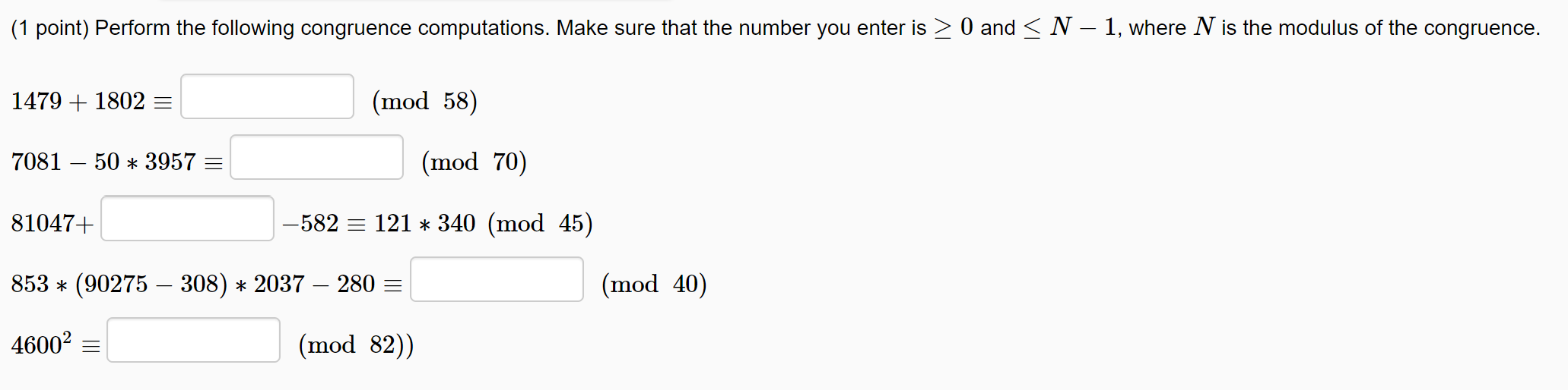 Solved (1 point) Perform the following congruence | Chegg.com