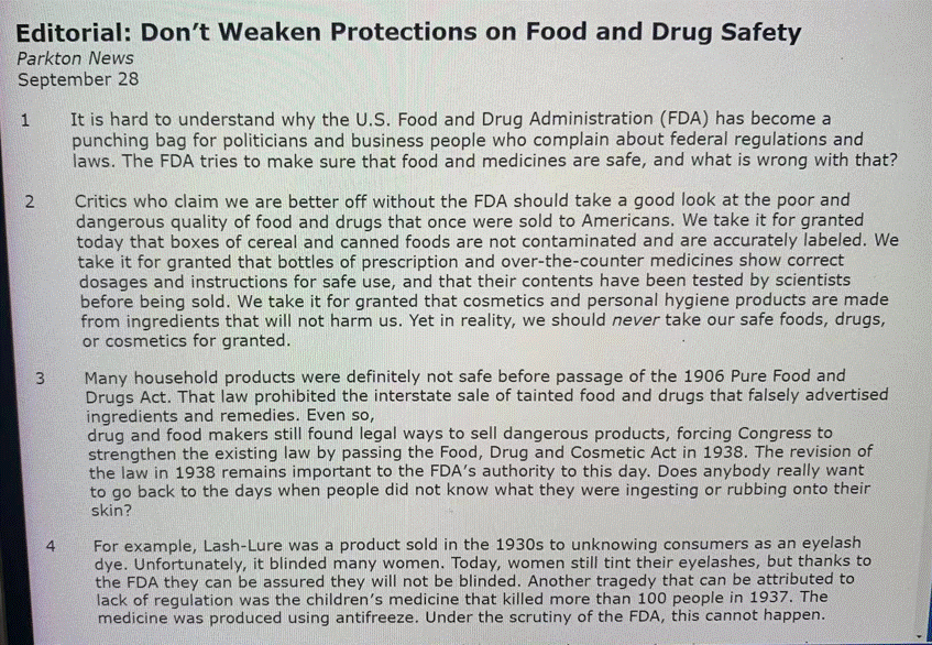 Solved Editorial: Don't Weaken Protections on Food and Drug | Chegg.com
