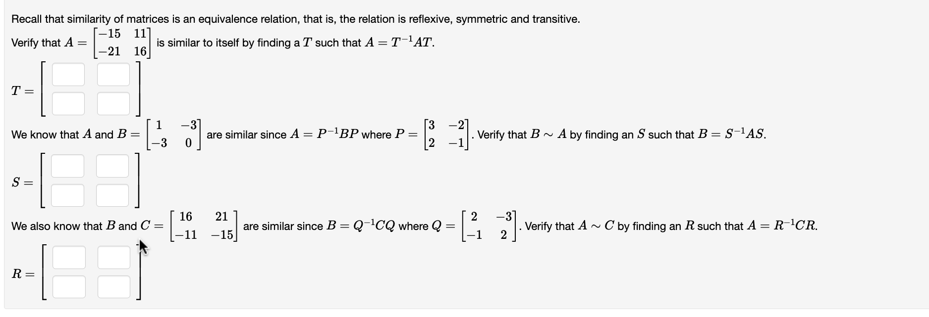 Solved Recall that similarity of matrices is an equivalence | Chegg.com