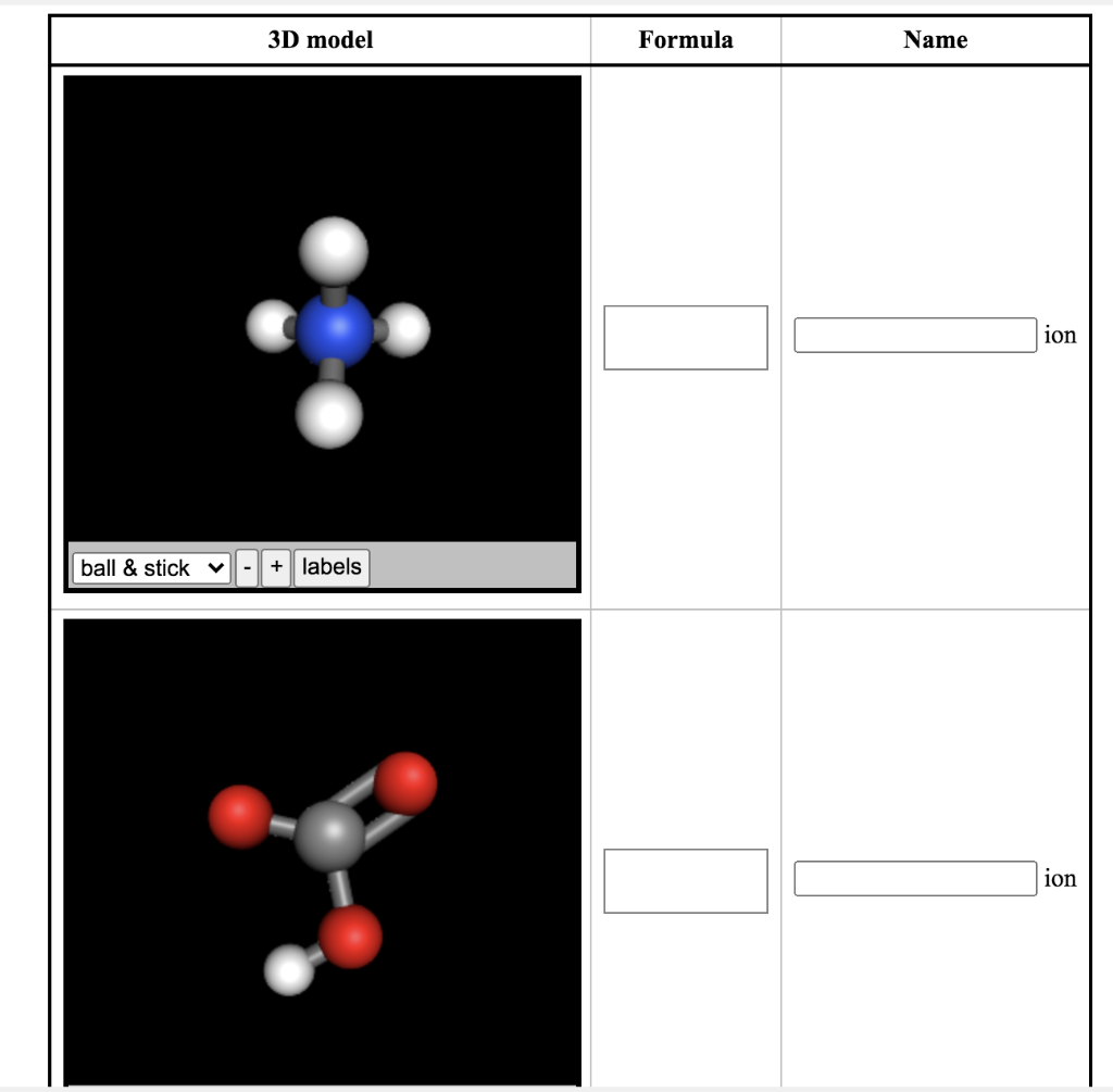 Solved 3D model Formula Name ion ball & stick + labels ion | Chegg.com