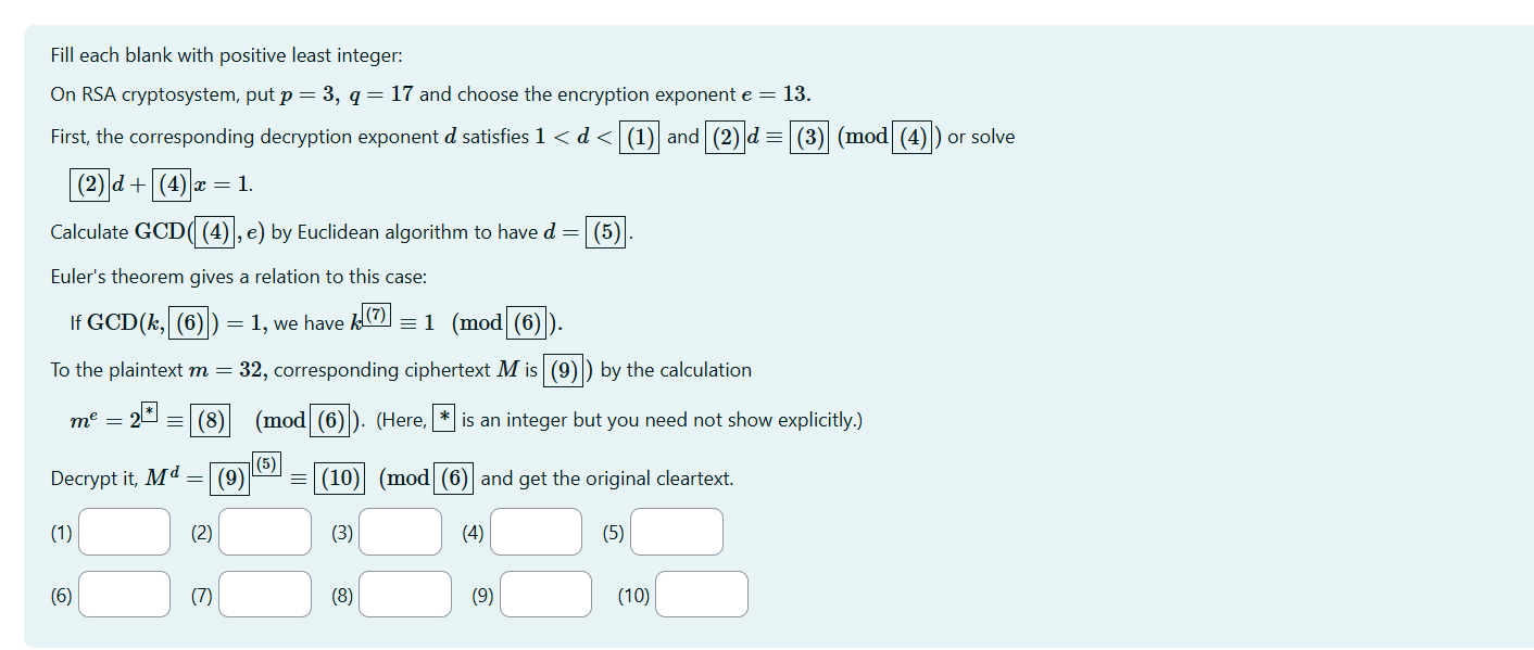 Solved Fill each blank with positive least integer:On ﻿RSA | Chegg.com