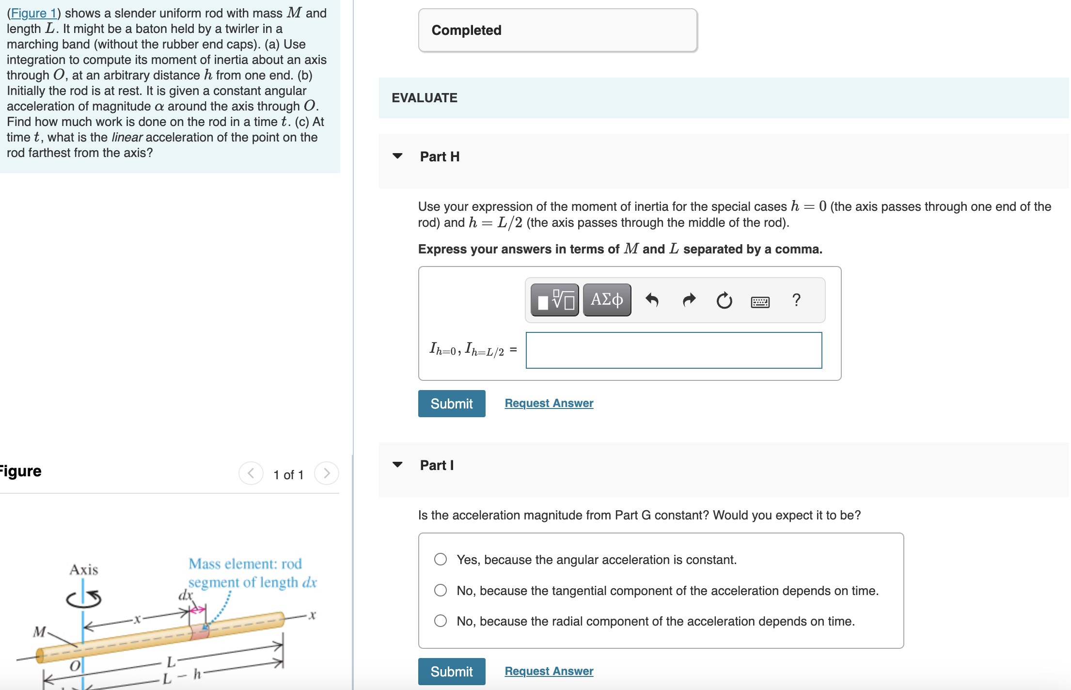 Solved Part H Use your expression of the moment of inertia | Chegg.com