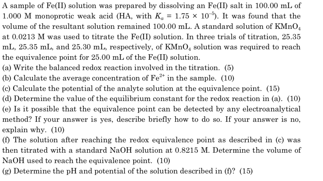 Solved A sample of Fe(II) solution was prepared by | Chegg.com