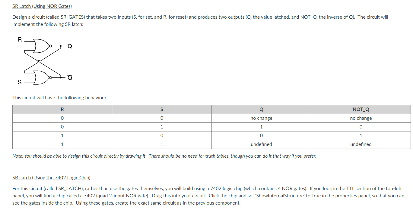 SR Latch (Using NOR Gates) Design a circuit (called | Chegg.com