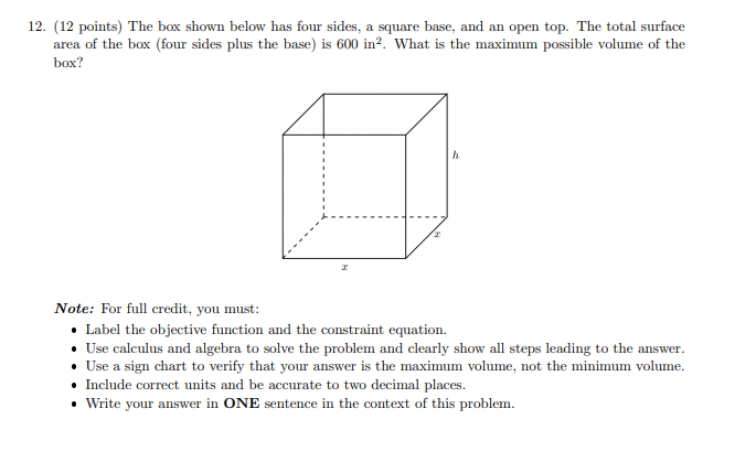 Solved 12. (12 points) The box shown below has four sides, a | Chegg.com