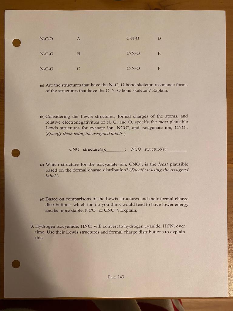 Solved N-C-0 A C-N-O D N-C-0 B C-N-0 E N-C-0 с C-N-0 F (a) | Chegg.com