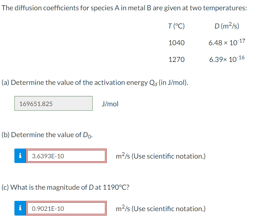 Solved The diffusion coefficients for species A in metal B | Chegg.com