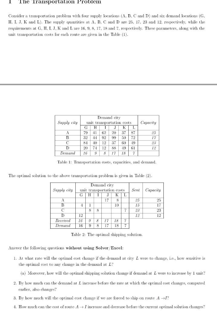 The Transportation Problem Consider a transportation | Chegg.com