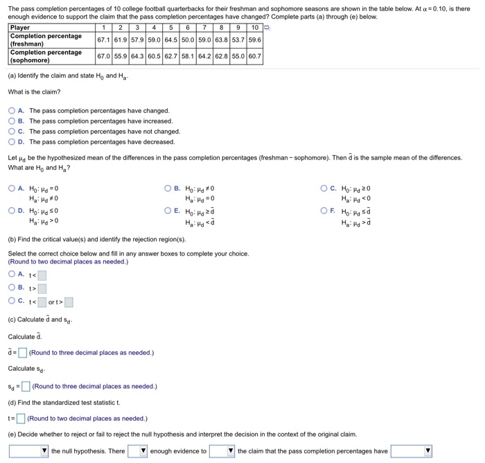 Solved The pass completion percentages of 10 college | Chegg.com
