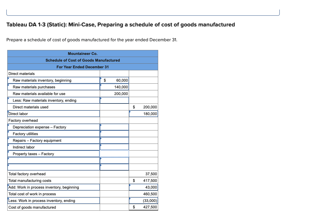 Solved Required information Tableau DA 1-3 (Static): | Chegg.com