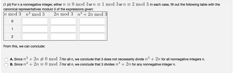 Solved (1 pt) For n a nonnegative integer, either n = 0 mod | Chegg.com